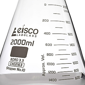 Erlenmeyer Flask, 2000mL - ASTM, Dual Graduated Scale - Borosilicate Glass - Narrow Neck Flask, Conical Flask, Glass Flask - Eisco Labs