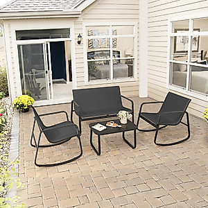 YITAHOME 4 Piece Patio Furniture Set, Small Backyard Bistro Rocking Chairs, Loveseat and Glass Table, Textilene Outdoor Conversation Set for Lawn, Garden, Balcony, Poolside (Black)