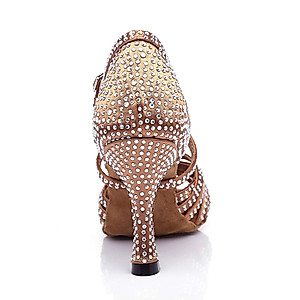 ROGMUJEN Women Latin Ballroom Practice Perfermence Rhinestones Dance Shoes Tango Salsa Party Dress Pump Dance Shoes,Bronze,7.5US,ML380
