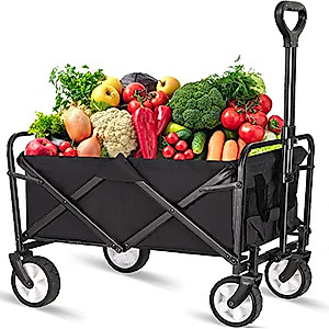 Collapsible Foldable Wagon, Beach Cart Large Capacity, Heavy Duty Folding Wagon Portable, Collapsible Wagon for Sports, Shopping, Camping (Black, 1 Year Warrant)