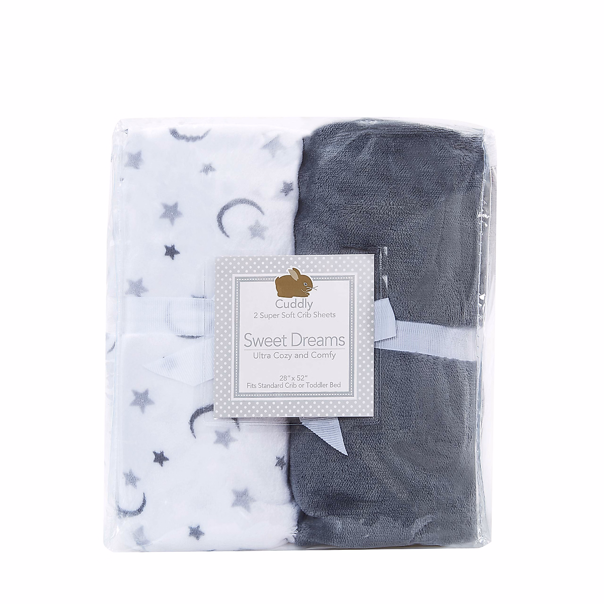 Cozy Fleece Microplush Super Soft Fitted Crib Sheets (Set of 2), Grey/White with Moon & Stars (93CK2FNLFLCP01028x52)