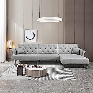 KoiHome Sectional Sofa Right Hand Facing Velvet Button Tufted, L Shape Chaise with Nail Head Detail, Conical Wood Leg, 2 Pillows, Modern & Elegant, Home Furniture for Living Room, Light Grey