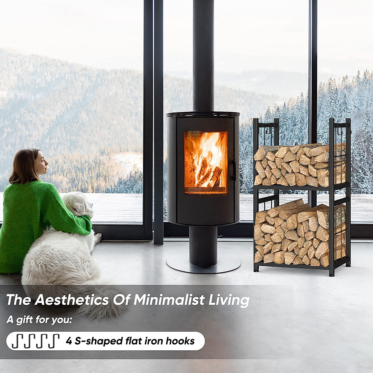 Firewood Rack Indoor, Portable 2 Tier Firewood Rack, Sturdy and Easy to Assemble Construction, Outdoor Firewood Rack with 4 Hooks for Storing Wood Logs for Fireplaces, Fire Pits and Stoves - Black