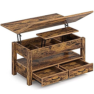 Rolanstar Coffee Table Lift Top, Multi-Function Convertible Coffee Table with Drawers and Hidden Compartment, Coffee Table Converts to Dining Table for Living Room, Home Office, Rustic Brown