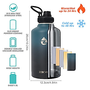 ZAKVOP 64 oz Insulated Water Bottle with Straws&3 Lids, Half Gallon Water Bottle Stainless Steel Double Walled, Big Water Jug with Paracord Handle, Large Metal Water Bottle for Gym