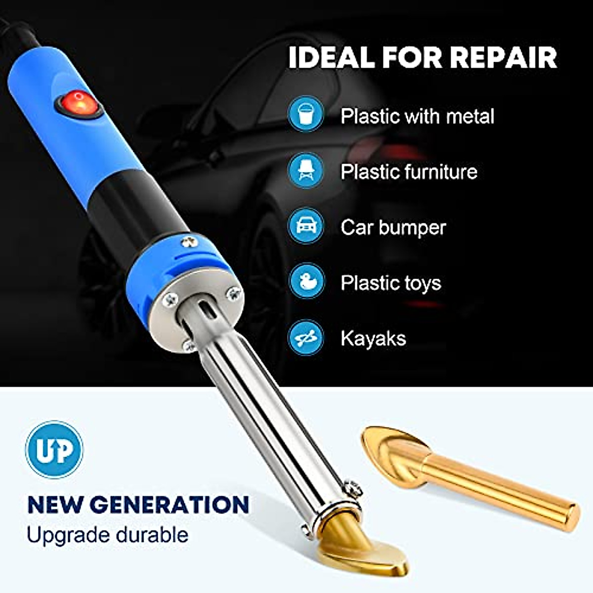 Kohree Plastic Repair Welding Kit, with 40 Plastic Rods, 3 Sponge, 2 Welder Tips, 2 Mesh, 1 Metal Stand,1 Metal Brush, 80W Iron, 110V, Plastic Welder Kit for DIY, Car Bumper, Dashboard, Kayak, Canoe