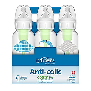 Dr. Brown’s Natural Flow® Anti-Colic Options+™ Narrow Baby Bottles 8 oz/250 mL, with Level 1 Slow Flow Nipple, 6 Pack, 0m+ Moon/Clouds Gift Set