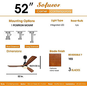Sofucor 52" Ceiling Fan with Lights Remote Control, 3 Poles for Indoor Outdoor Ceiling Fan with Remote, Reversible Noiseless ETL Motor, 3 Walnut Wooden Blades