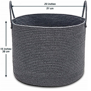 XXL Cotton Rope Basket, 20'' x 15" Woven Laundry Basket with Long Handles, Baby Kids Dogs Toy Bins Storage, Decorative Blanket Baskets in Living Room (Full Dark Gray)