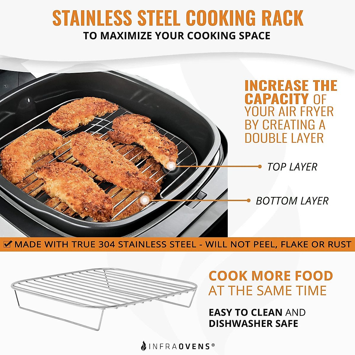 Air Fryer Accessories with Rack, Reusable Mats and Cheat Sheet Guides Compatible with Dreo, Chefman, Cosori, Nuwave® + More - Stainless Steel Air Fryer Rack, Square 7.2 inches