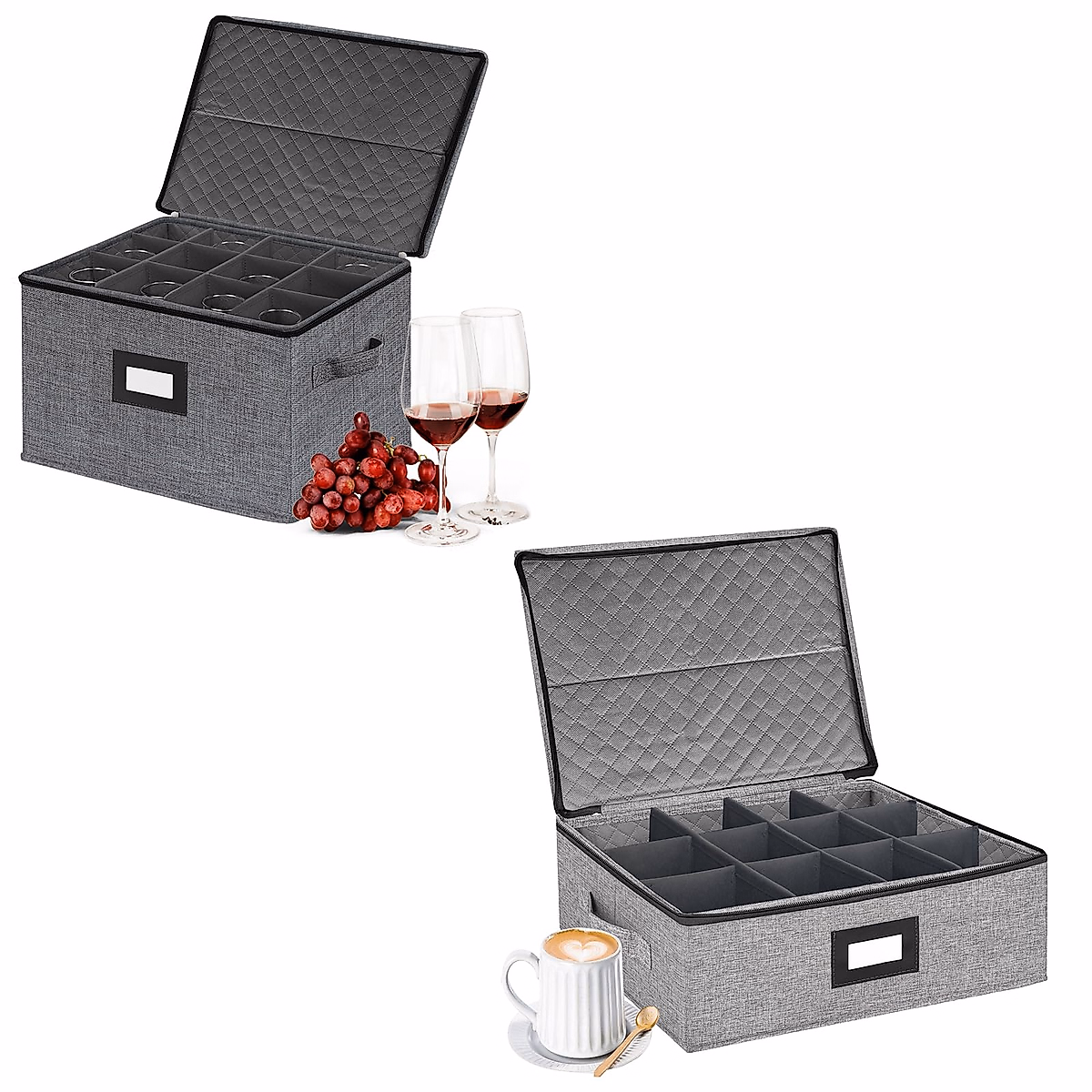 homyfort China Storage Containers - Stemware Storage Box,Cups, Tea Mugs Sets Storage Box with Lid and Handles Hard Shell and Stackable(Grey)