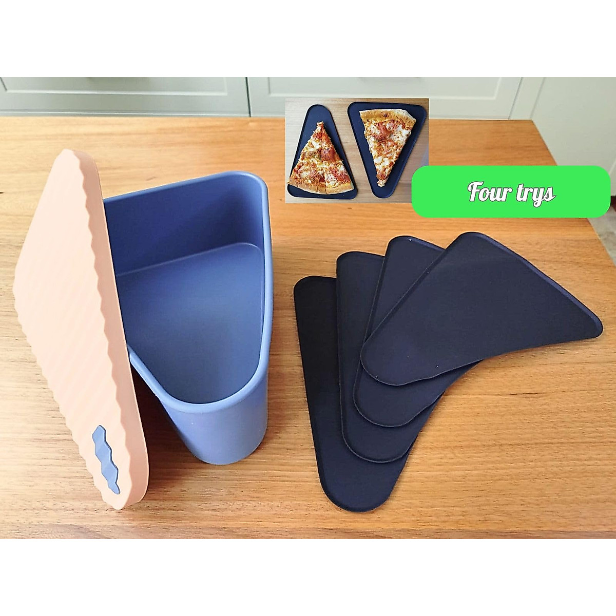 Pizza Storage Container (Big Size), Reusable Pizza and Food Silicone Storage Container, with 4 trays – Useful, Stackable Microwaveable Slice Box. Triangle shape. BPA Free (Colour Blue and Pink)