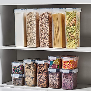 24 Pack Airtight Food Storage Container Set - BPA Free Clear Plastic Kitchen and Pantry Organization Canisters with Durable Lids for Cereal, Dry Food Flour & Sugar - Labels, Marker & Spoon Set