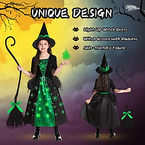 Poshetion Witch Halloween Costumes for Girls, Toddler Light Up Witch Dress with Witch Broom and Hat, Kids Witch Costume Glow in the Dark for Wicked Halloween Dress-Up Party Gifts (Green, Toddler)