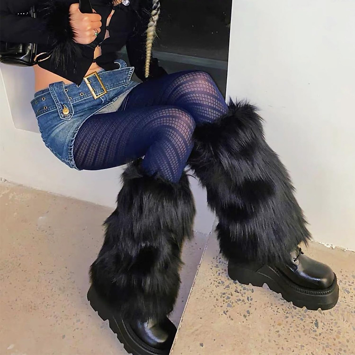 OSPNIEEK Fur Leg Warmers, Furry Leg Warmers for Womens, Faux Fluffy Leg Warmer, Soft Fuzzy Leg Warmer Boot Cuffs Covers for Winter Warm, Christmas, Halloween, Cosplay Party (Black)