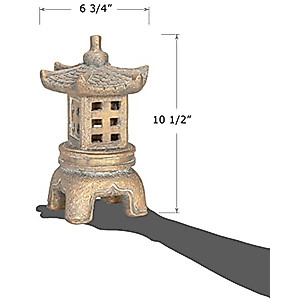 Red Co. 11” Solar-Powered LED Square Pagoda Lantern Asian Décor Zen Garden Statue, Distressed Gold