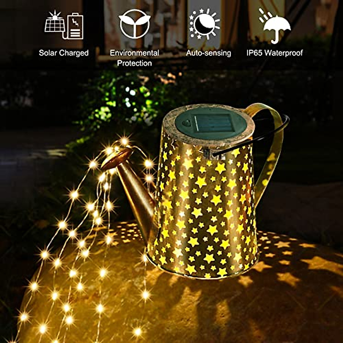 Solar Watering Can with Lights, Outdoor Decorative Garden Light Solar Fairy Lights, Waterproof Metal Retro Star Shower Art Hanging Waterfall Lights for Patio Lawn Yard (with Shepherd Hook)