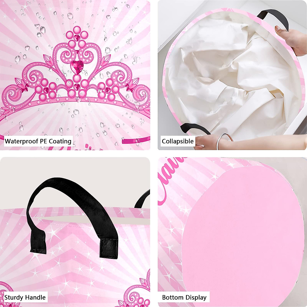 Personalized Laundry Basket Hamper,Princess Crown Pink,Collapsible Storage Baskets with Handles for Kids Room,Clothes, Nursery Decor