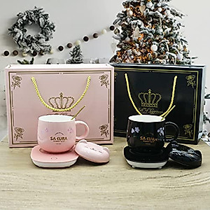 Coffee Warmer with Mug Set,Cute Cat Mug Set Beverage Cup Warmer for Desk Kawaii Mug Birthday Gifts for Women Smart Coffee Mug Warmer Candle Warmer Plate Sister Best Birthday Gift Boxes for Women Pink