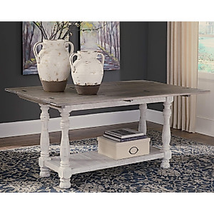 Signature Design by Ashley Havalance Farmhouse Sofa Table, Flip Top Design for Additional Dining Space and Fixed Lower Shelf, Gray & White with Weathered Finish