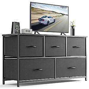 Sweetcrispy Dresser for Bedroom 5 Fabric Drawers Dresser Clothes Cabinet Storage Organizers and Wood Top Surface Table for TV, Chest of Drawers for Bedroom, Living Room, Hallway, Porch Organization