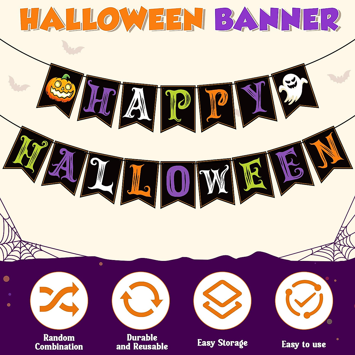 OHOME Halloween Decorations - Happy Halloween Banner | Halloween Party Decorations for Indoor Outdoor - Halloween Backdrop Garland for Outside | Hanging Halloween Party Favors Supplies for Birthday,Trunk or Treat Decorations