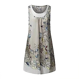 SHENYANGWA Womens Summer Dresses Casual Loose Knee Length Tank Dress Sleeveless Scoop Neck Pleated Romper Midi T Shirt Dress, Beige, Large