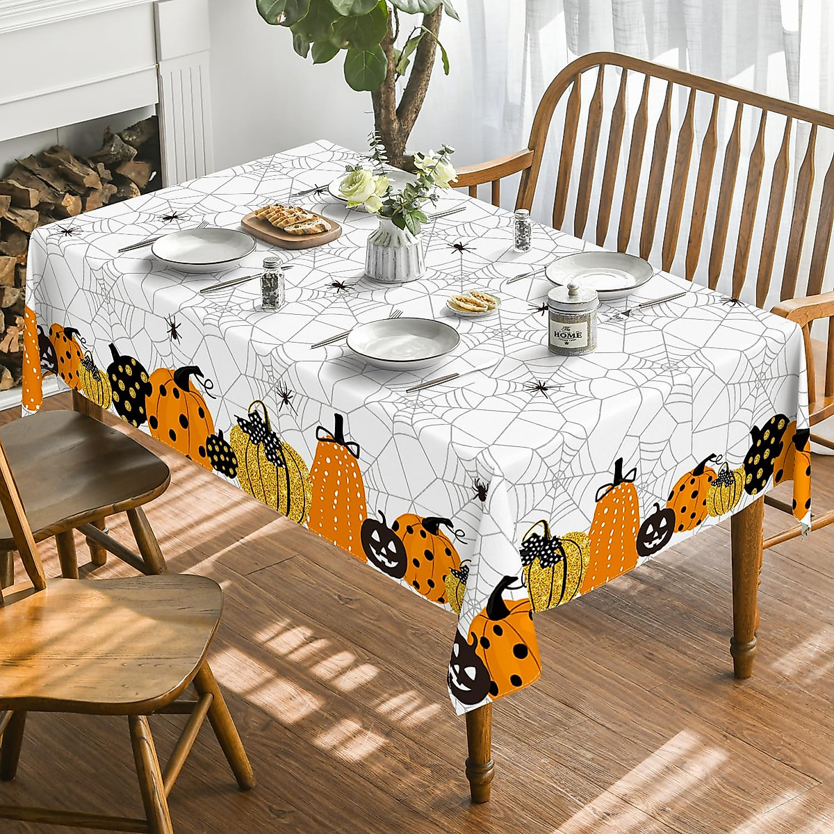 Horaldaily Halloween Tablecloth 60x84 Inch Rectangular, Jack-O-Lantern Pumpkin Cobweb Scary Themed Washable Table Cover for Party Picnic Dinner Decor