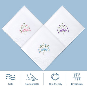 Selected Hanky Women's Cotton Handkerchiefs Flower Embroidered with Lace, Ladies Hankies 6 Pcs - Assorted