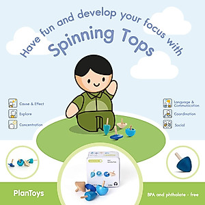 PlanToys Wooden Spinning Tops (4132) | Sustainably Made from Rubberwood and Non-Toxic Paints and Dyes | PlanMini Collection