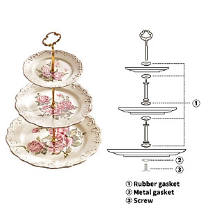 YOLIFE Red Rose Pattern 3 Tiered CupCake Stand, Emboss Golden Leaves Edge Porcelain 3 Tier Pastry Stand Desert Stand