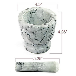Marble Mortar and Pestle Set - Beautiful Polished White and Grey Veined Marble Mortar and Pestle Set with Garlic Peeler and Anti Scratch, Anti Skid Protective Pad