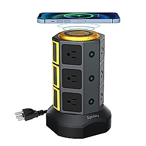 Power Strip Tower, SUPERDANNY Surge Protector Tower with 15W Magnetic Wireless Charger, 1050J, 13A Charging Station with 12 AC Outlets & 6 USB Ports, 6.5ft Extension Cord for Home Office, Gold