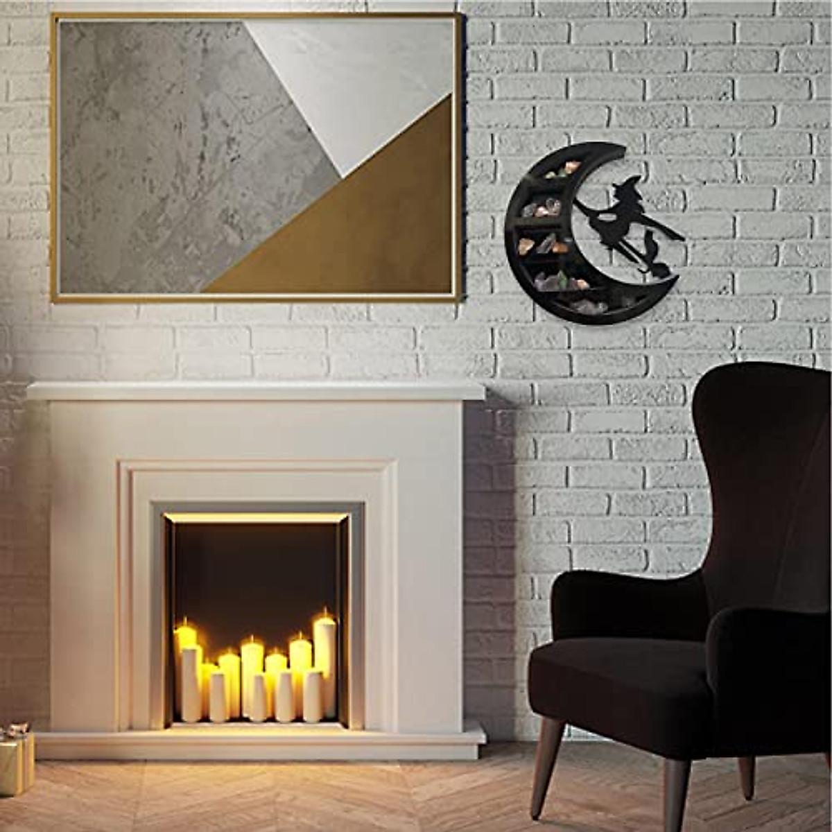 A/R Witch on The Moon Crystal Shelf, Wooden Crystal Display Shelf PVC Moon Shelf Black Witch Design Crystal Display Shelf Gothic Decorations for Living Room