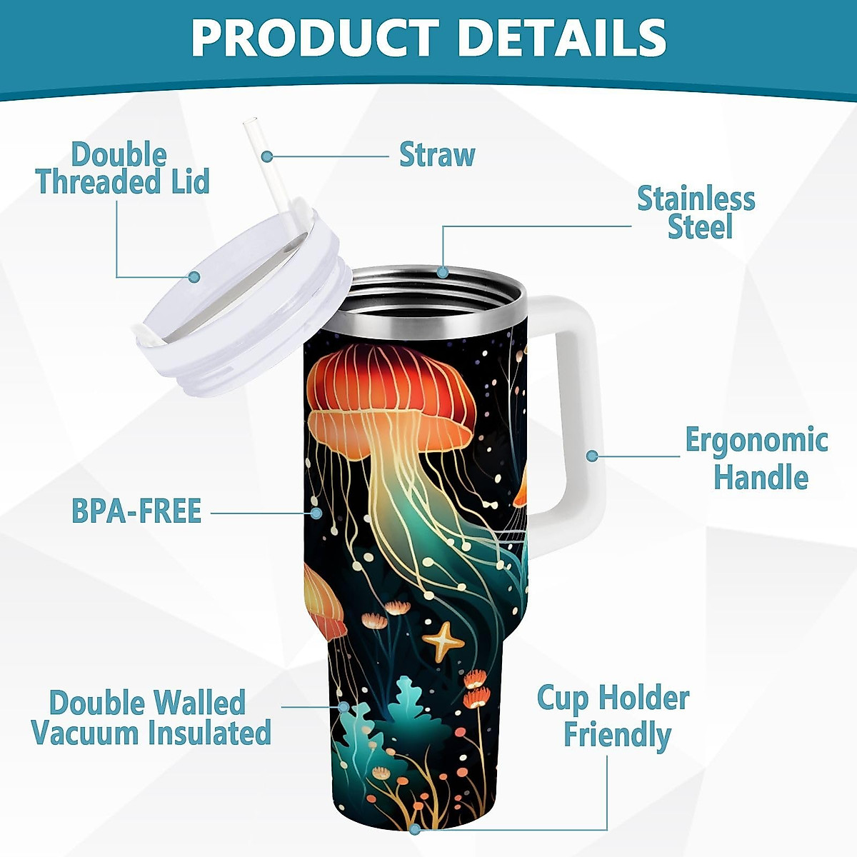 ARGTILDN 40 oz Tumbler Sea Jellyfish Glow Insulated Travel Mug with Handle and Straw Lid Stainless Steel Vacuum Coffee Cup Tea Beverage Container Water Bottles for Car Sports office