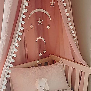 LOAOL Kids Bed Canopy with Pom Pom Cotton Canopy for Crib Baby Girl Netting Cover Canopy Crib Curtain Reading Nook Hanging Tent Nursery Play Game Castle House Decoration (Pink Pompom)