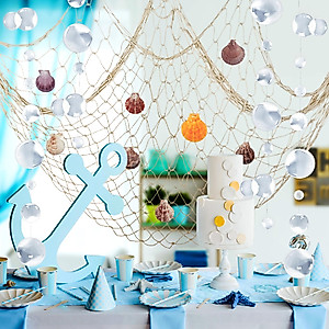 ZERODECO Nautical Decor, Natural Fish Net Party Decorations for Pirate Party, Wedding, Birthday Party, Beach Theme Party, Mermaid Decor, Cotton Fishnet with Shells, White Bubble Garlands, Beige