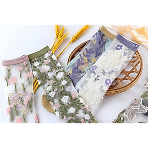 Alafime Coquette Aesthetic Socks Sheer Socks Mesh Socks Women 7 Pairs Kawaii Embroidered Florals Y2K Fulle Tube Socks (6pairs)