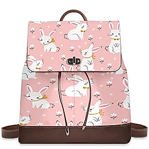 Cute Rabbit PU Leather Backpack Purse, Bunny Flower Shoulder Rucksack College School Bookbag Travel Daypack for Women Ladies