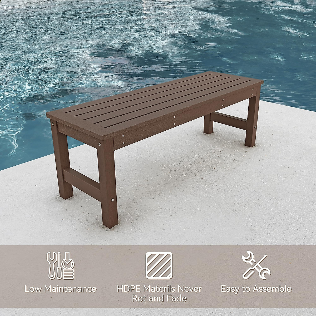 EFURDEN Outdoor Bench, 48’’ All Weather and Fade Resistant Knight Bench, 2-Person HDPE Garden Bench, Low Maintenance Patio Bench for Garden, Porch and Patio, Brown