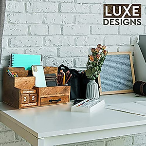 Wooden Desk Organizers for Home & Office – Large Rustic Mail Holder w/ Bonus Holiday & Date Blocks – Wooden Letter Organizer for Desk – Vintage Aesthetic Office Supplies – Natural Wood, 6” x 12” x 7”