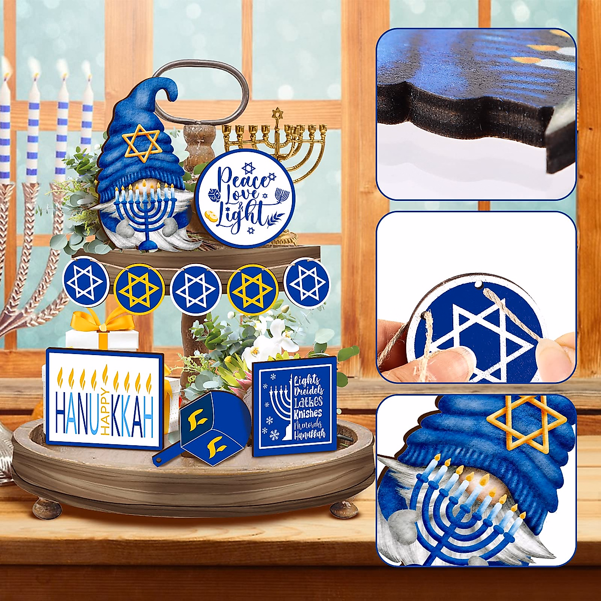10 Pieces Happy Hanukkah Tiered Tray Decor-Hanukkah Wood Signs Decor with Star of David, Hanukkah Gnome, Mini Menorah, Hanukkah Party Wooden Decor for Hanukkah Farmhouse Home Table Decor