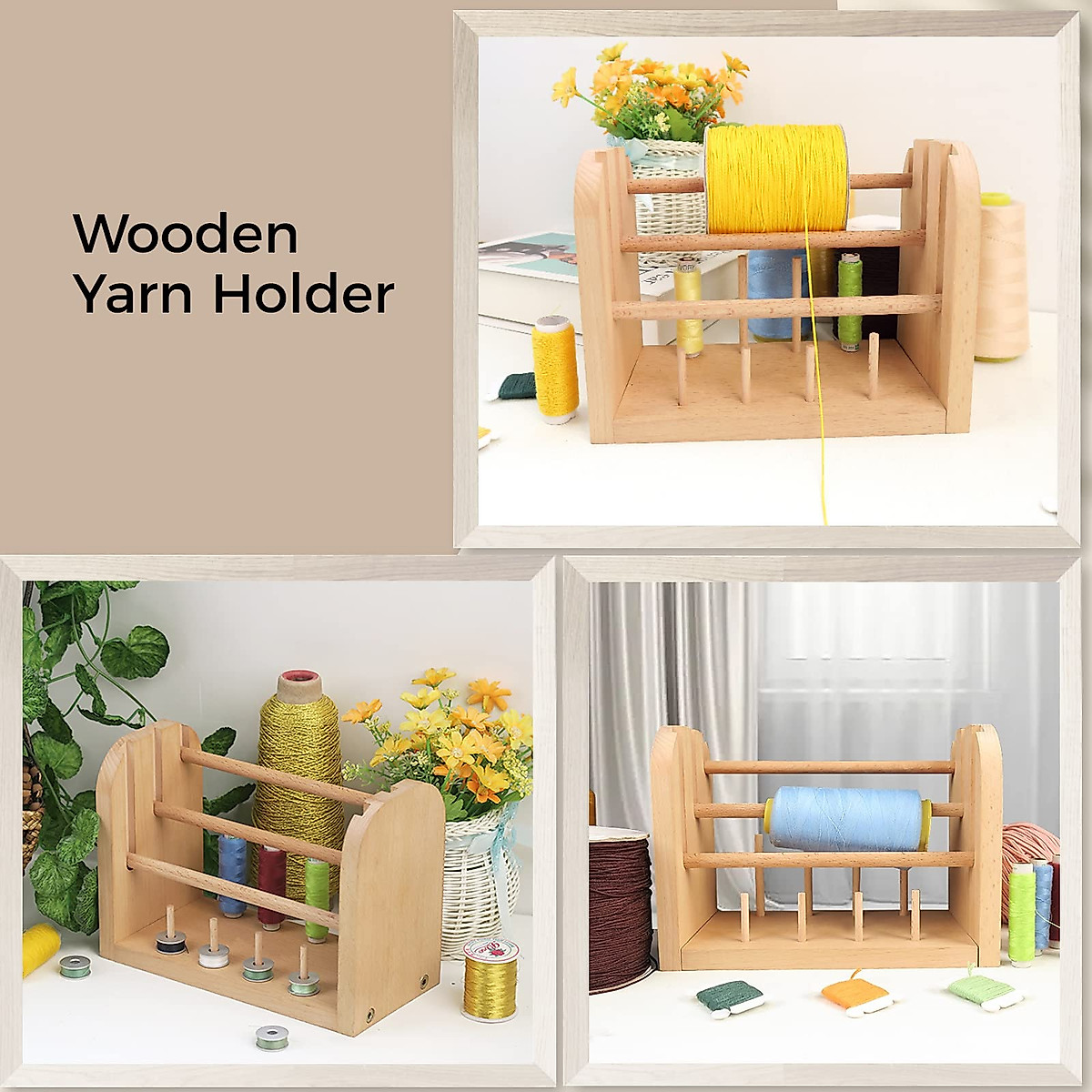 BATTIPAW Yarn Holder Wool Yarn Spindles, 3 Spools + 8 Spools Wooden Thread Holder for Embroidery Quilting Sewing, Multifunctional Beech Thread Rack Organizer for Crochet and Knitting