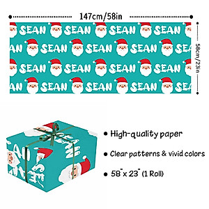 Differ More Custom Name Christmas Wrapping Paper,Personalized Wrapping Paper with Name Santa Claus Design, Christmas Gift Wrap for Adults Kids Boys Girls,Blue Christmas Wrapping Paper Roll (58"x 23")