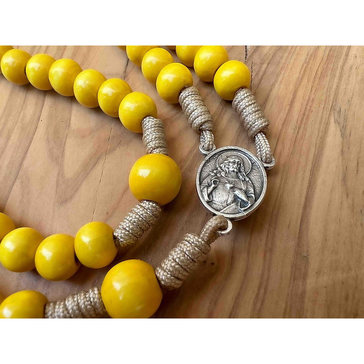 Yellow Wooden Prayer Beads Rosary With Pardon Crucifix Pendant Immaculate Heart Of Mary