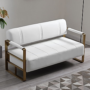 57.9" Modern Faux Leather Loveseat Sofa, Accent 2 Seater Couch with Golden Metal Arms, for Living Room Office Small Spaces Apartment Studio, White