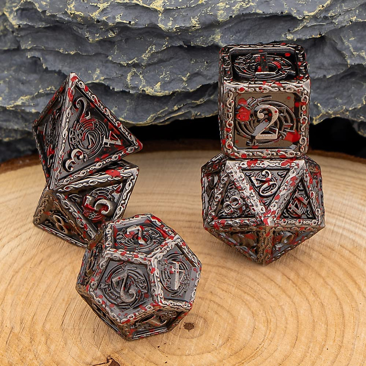 D&D Dice Set for Dungeons and Dragons, RUNFNG 7PCS Metal DND Dice Set D20 D12 D10 D8 D6 D4 D%, Blood Spatter D and D Polyhedral Dice Set for RPG Role Playing Table Game, Warhammer with Gift Box…