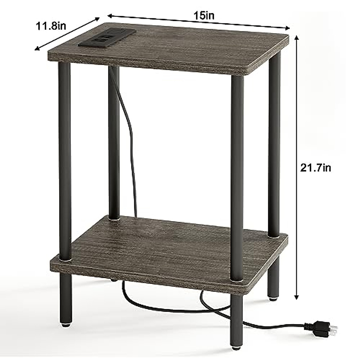 Fixwal 2-Tier Nightstand with Charging Station, End Table Set of 2, Side Table with USB Ports and Power Outlets, Side Table for Living Room, Bedroom, Grey and Black