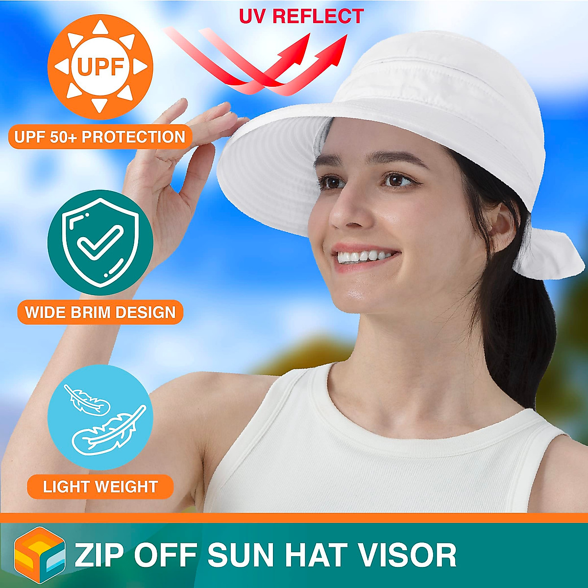 SUN CUBE Women Sun Hat for Outdoor UV Protection, Wide Brim Sun Hat Ponytail, Convertible Zip-Off Beach Hat Visor for Golf Gardening Pool Travel, Foldable Summer UPF50+ Visor Hat, White
