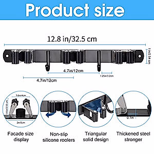 Huryfox Mop and Broom Holder Wall Mounted - Sturdy Stainless Steel Rack with Utility Hooks, Adjustable Design and Multiple Storage Organizer Options, Perfect for Garage, Kitchen, Laundry, and Bathroom